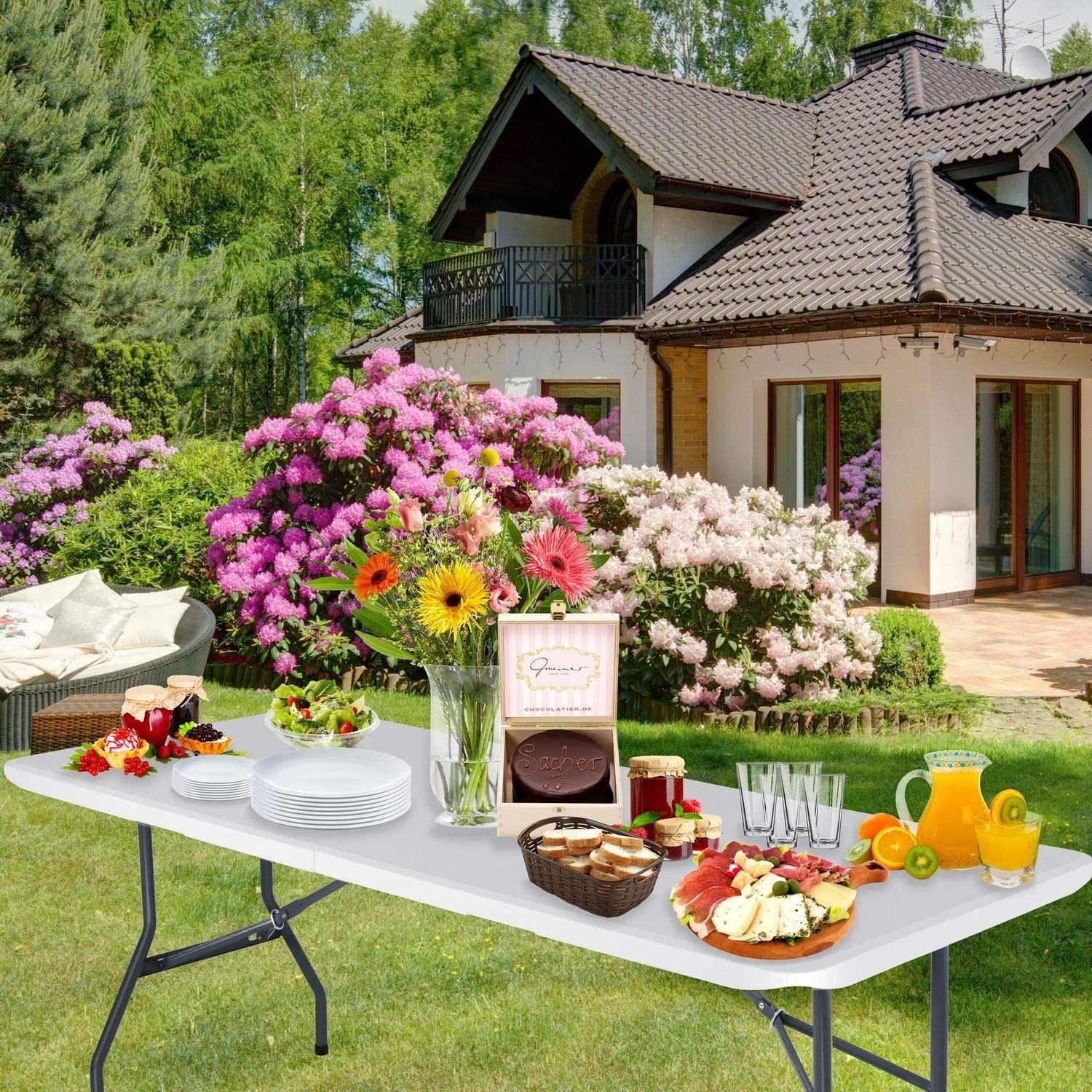 Masa de gradina, pliabila, cadru de otel, 240 cm, alba - eMAG.ro