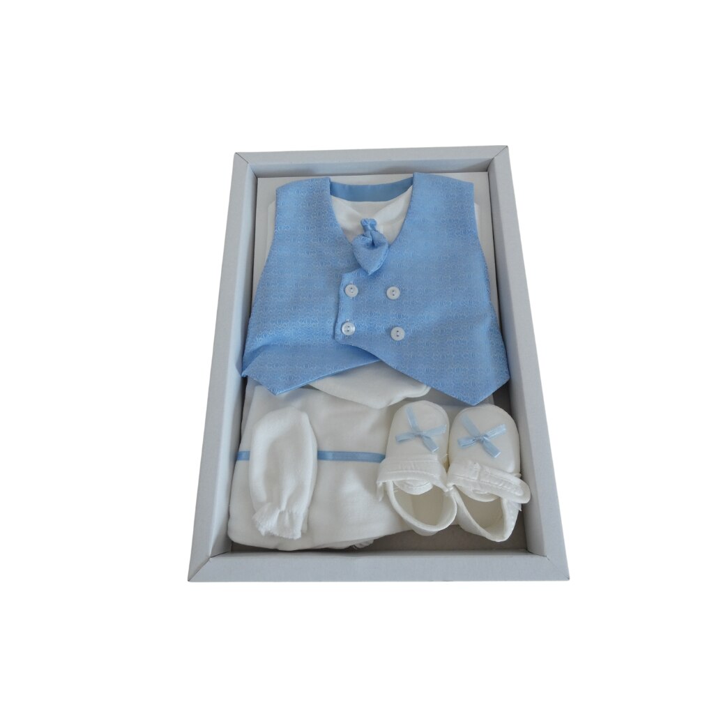 Set trusou botez, baiat, costum alb-albastru, bavetica, botosei, body ...