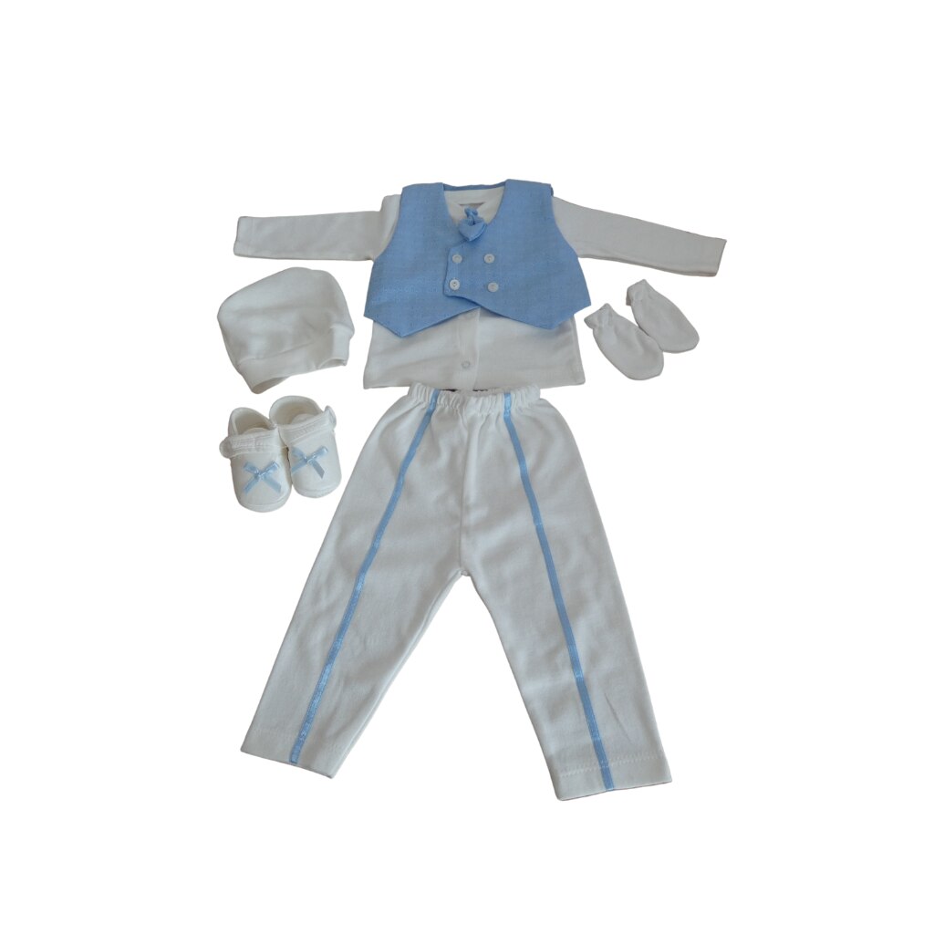 Set trusou botez, baiat, costum alb-albastru, bavetica, botosei, body ...
