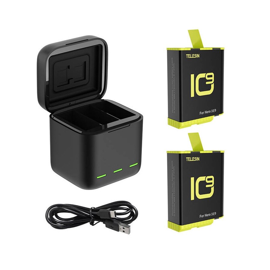 Set incarcator tip carcasa si 2 acumulatoare camera video sport Telesin ...