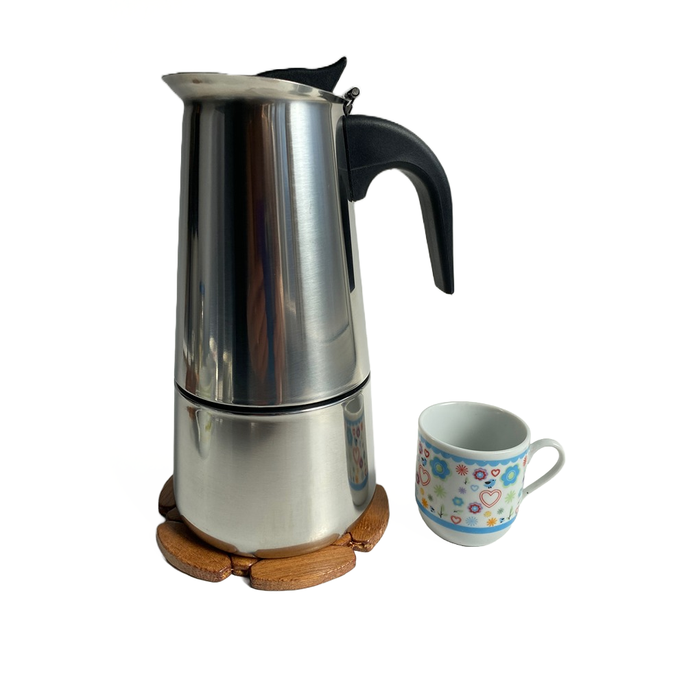 Espressor de cafea inox pentru aragaz cu o cana si suport lemn, 300ml ...