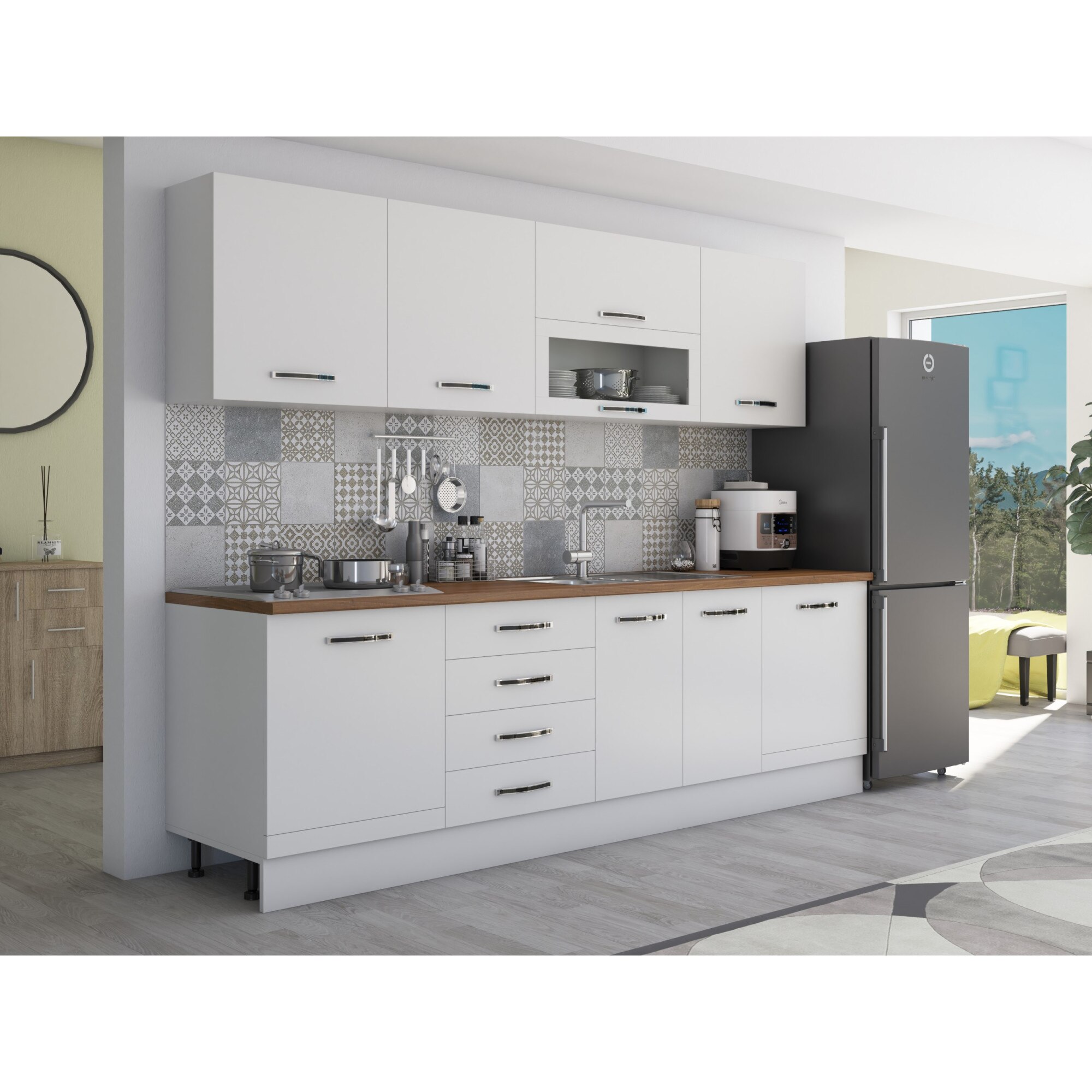 Bucatarie Alfa 260, cu vitrina, alb, blat termic nuc - eMAG.ro