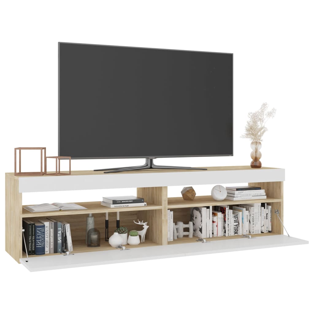 Comoda TV cu lumini LED, Lemn compozit, 75x35x40 cm, Alb/Stejar Sonoma ...