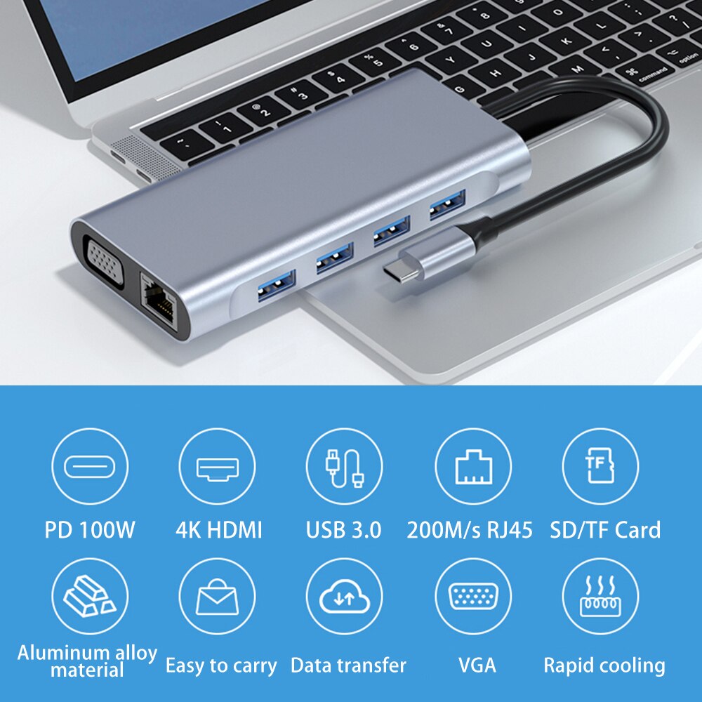 Hub 11n1, USB/HDMI/VGA/SD/TF/RJ45, Argintiu - eMAG.ro
