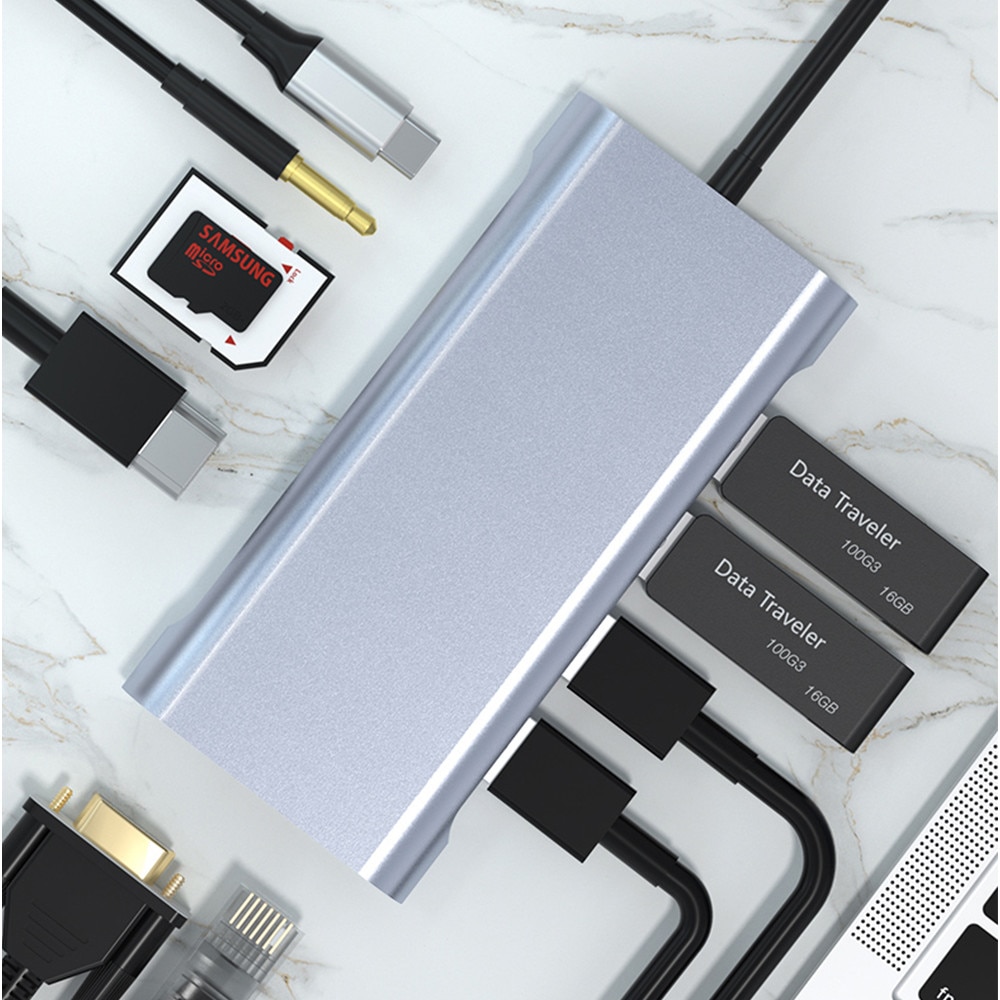 Hub 11n1, USB/HDMI/VGA/SD/TF/RJ45, Argintiu - eMAG.ro