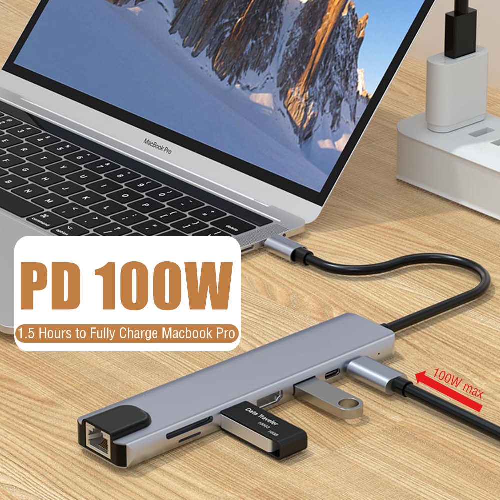 Hub 8n1, Rohs, USB/HDMI/SD/TF/RJ45, Argintiu - eMAG.ro
