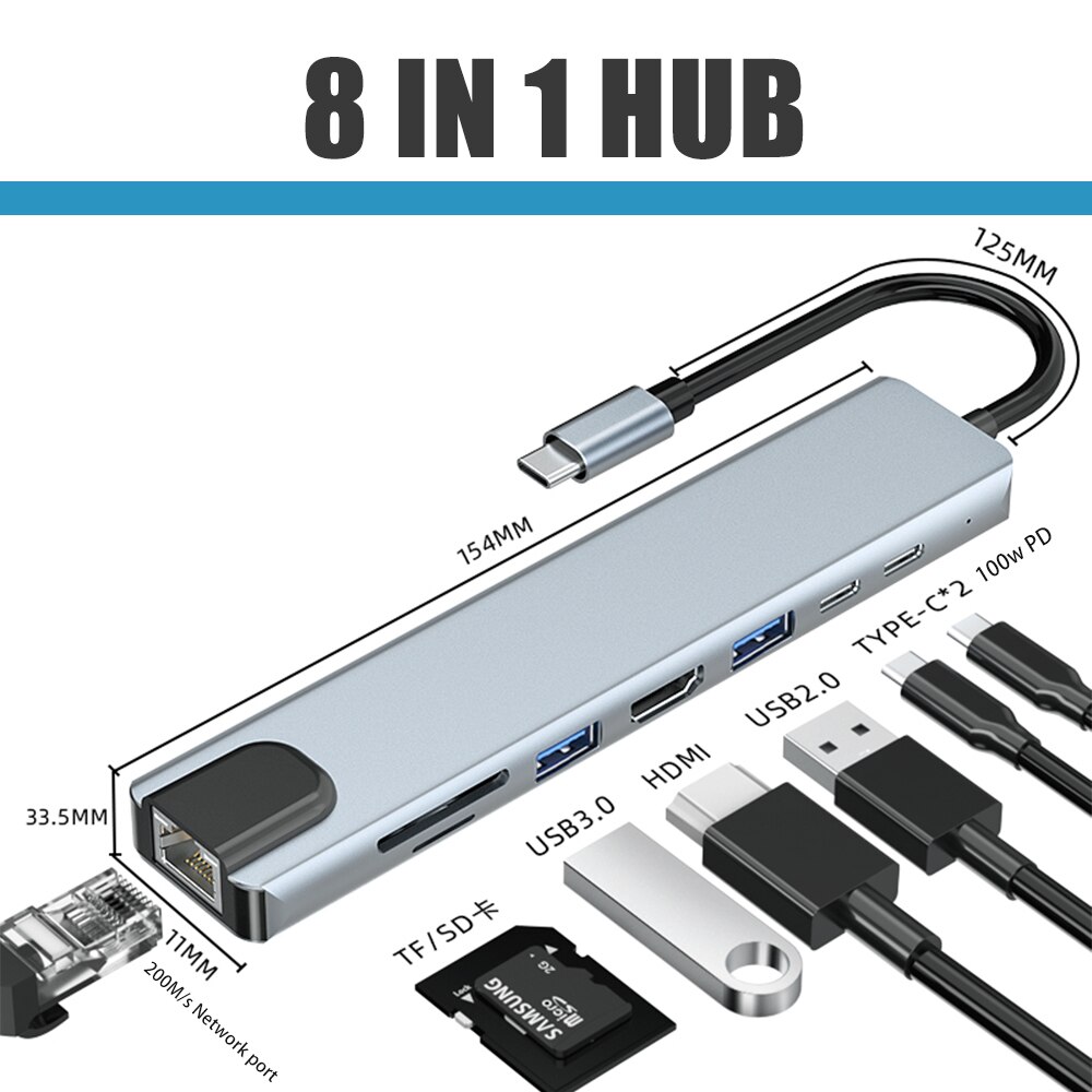 Hub 8n1, Rohs, USB/HDMI/SD/TF/RJ45, Argintiu - eMAG.ro