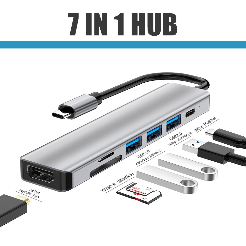 Hub 7n1, USB/HDMI/VGA/SD/MicroSD/USB-C, Argintiu - eMAG.ro