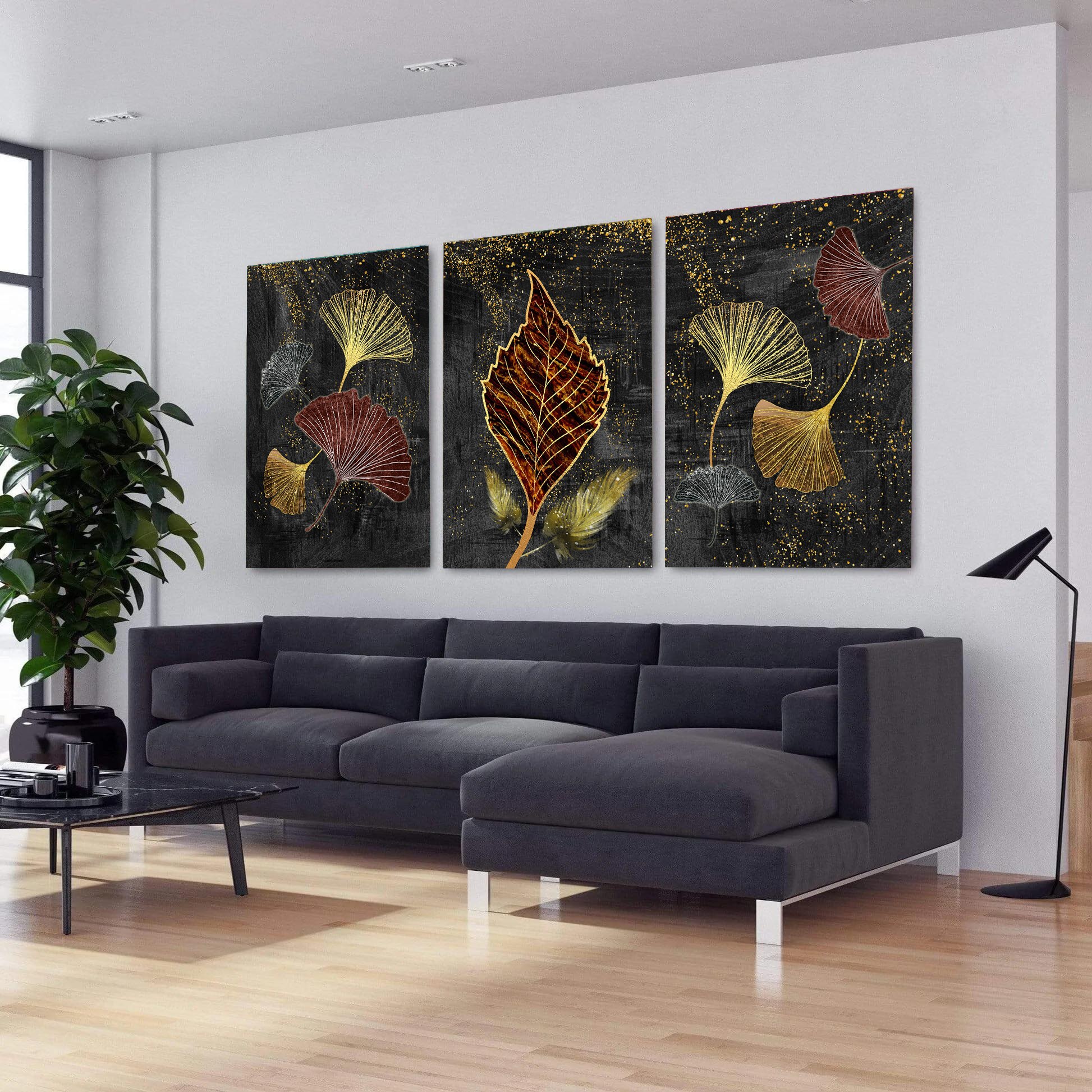 Set Tablouri Multicanvas 3 piese, Fire Leaves, 50x90cm - eMAG.ro