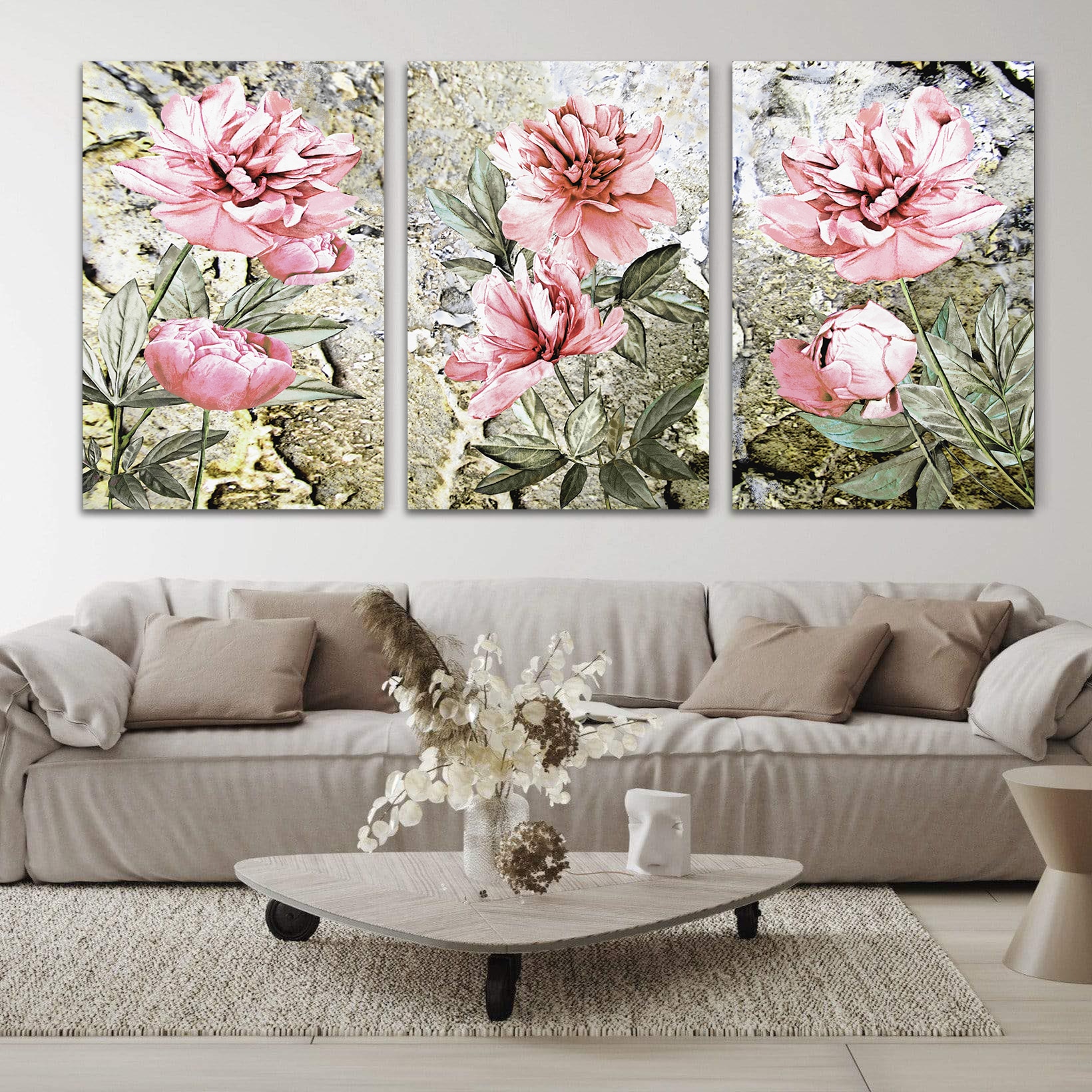 Set Tablouri Multicanvas 3 piese, Bujori Roz, 140x270cm - eMAG.ro