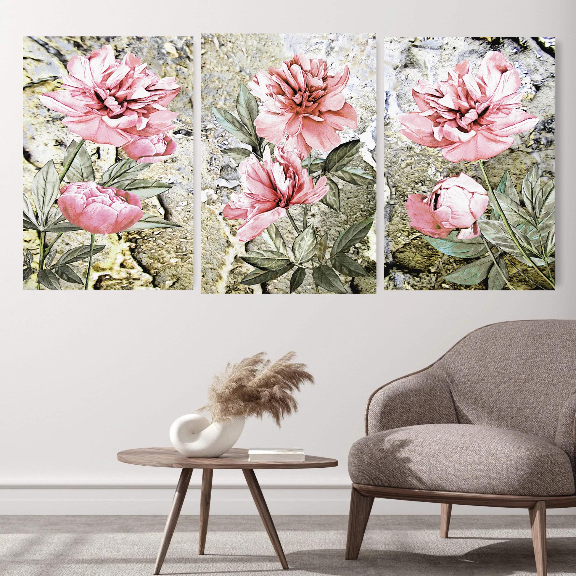 Set Tablouri Multicanvas 3 piese, Bujori Roz, 140x270cm - eMAG.ro