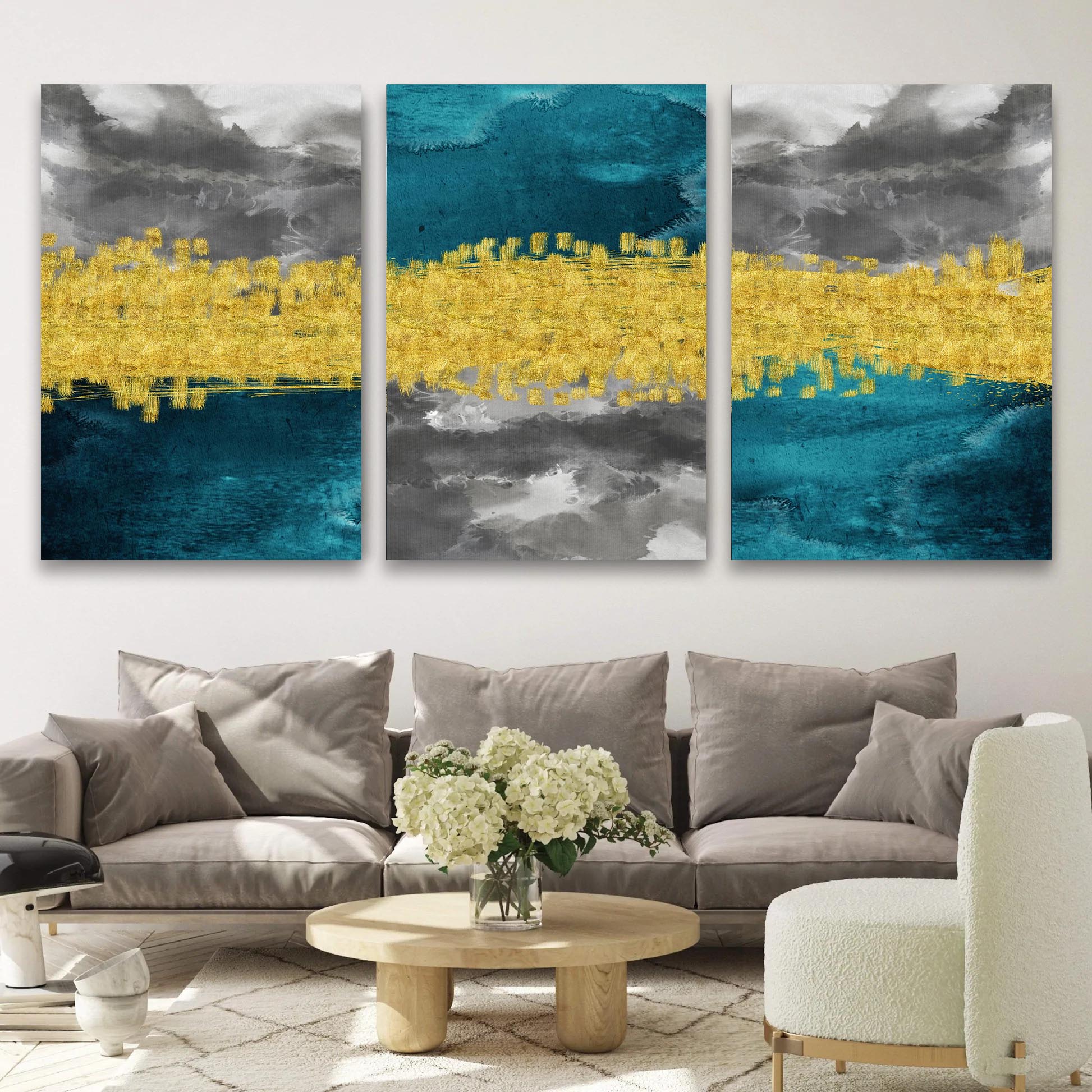 Set Tablouri Multicanvas 3 piese, Abstract Blue And Grey, 50x90cm - eMAG.ro