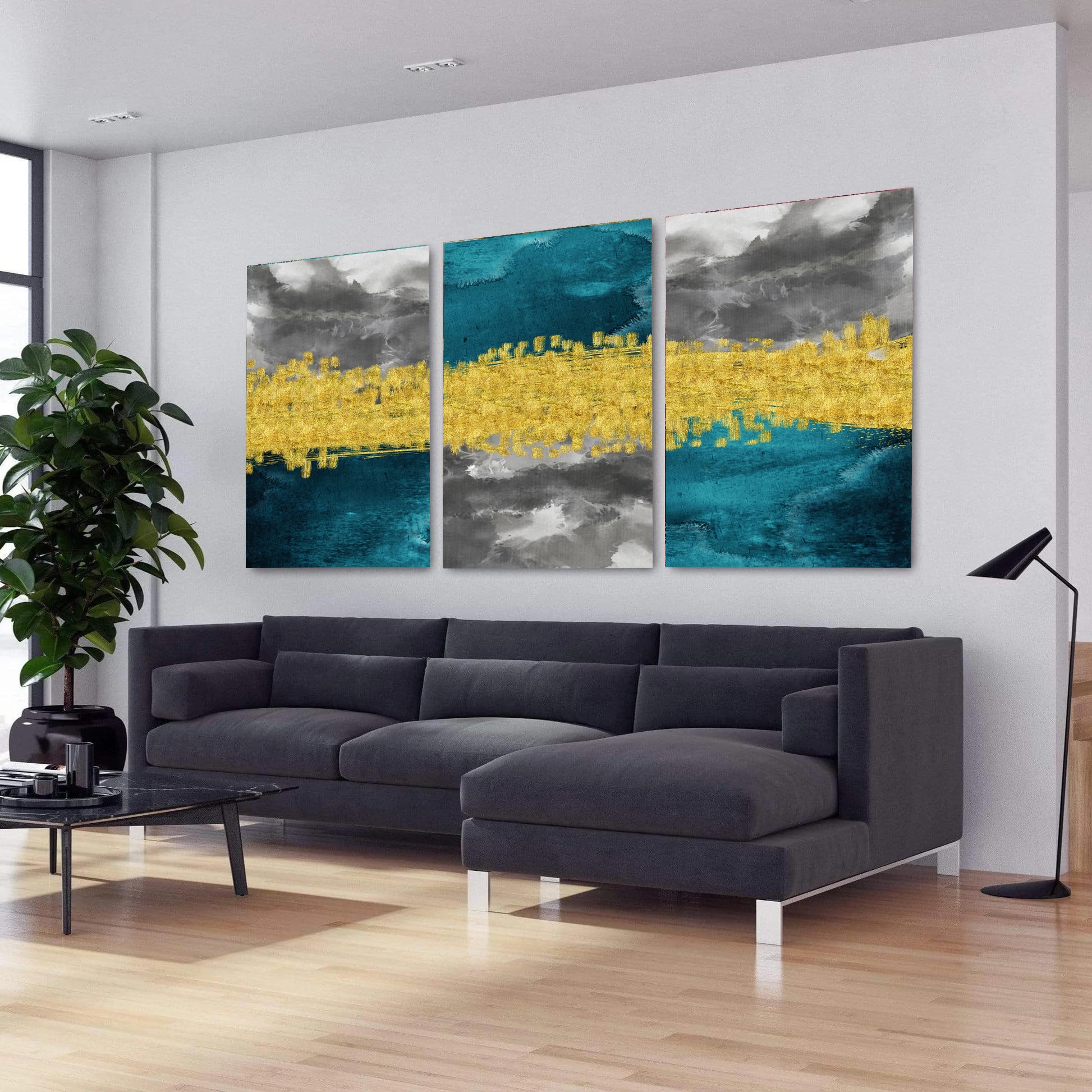 Set Tablouri Multicanvas 3 piese, Abstract Blue And Grey, 50x90cm - eMAG.ro