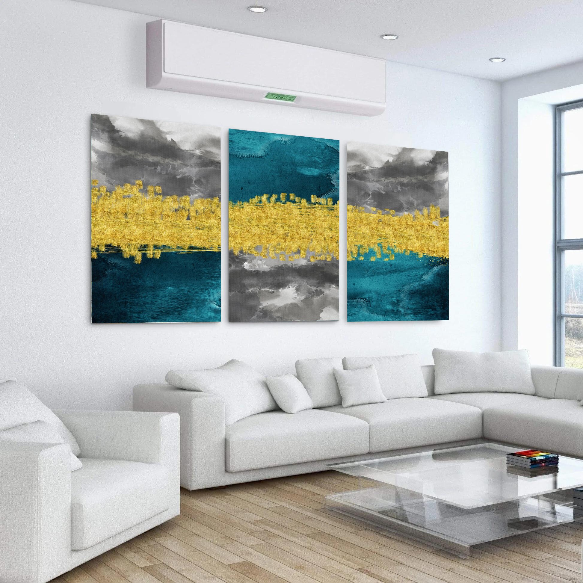 Set Tablouri Multicanvas 3 piese, Abstract Blue And Grey, 50x90cm - eMAG.ro