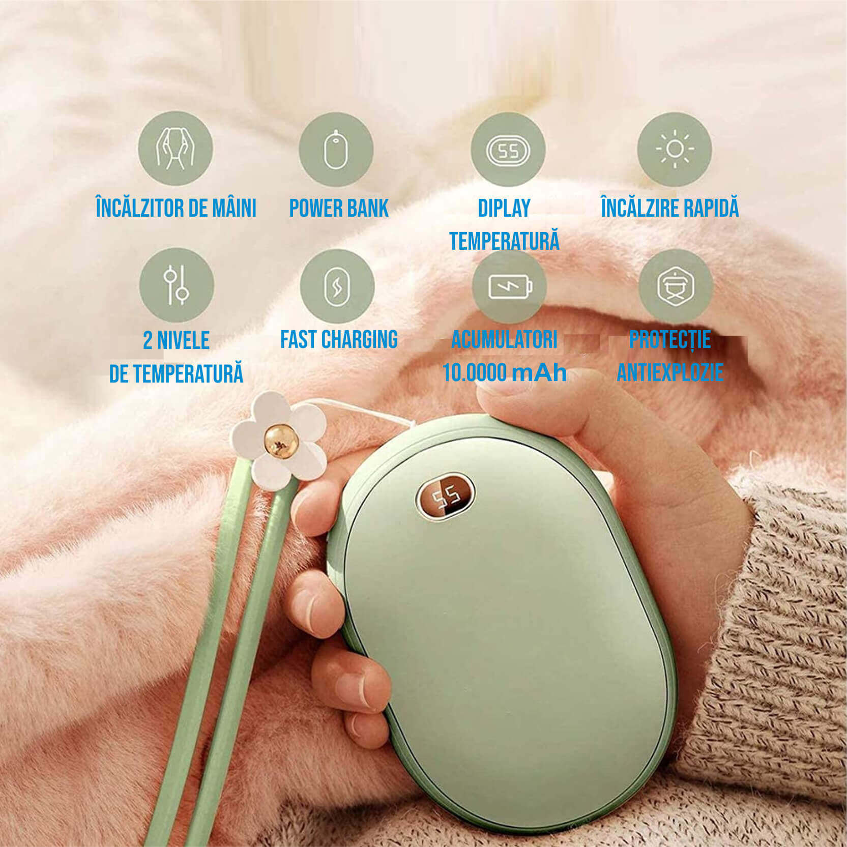 Incalzitor de maini Ideas4Comfort, powerbank 10000mAh, incarcare USB, 2 ...