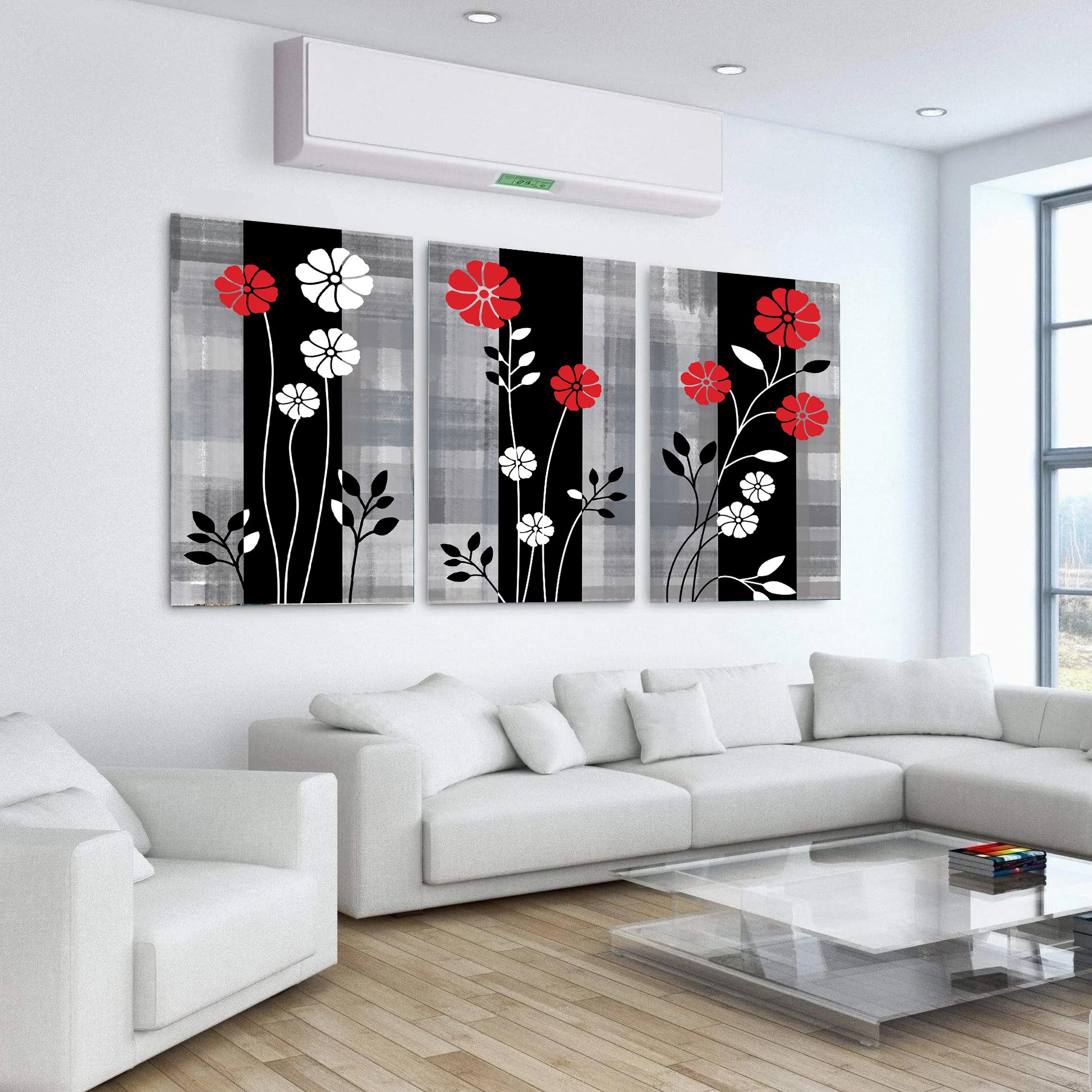Set Tablouri Multicanvas 3 piese, White and Red Flowers, 70x150cm - eMAG.ro