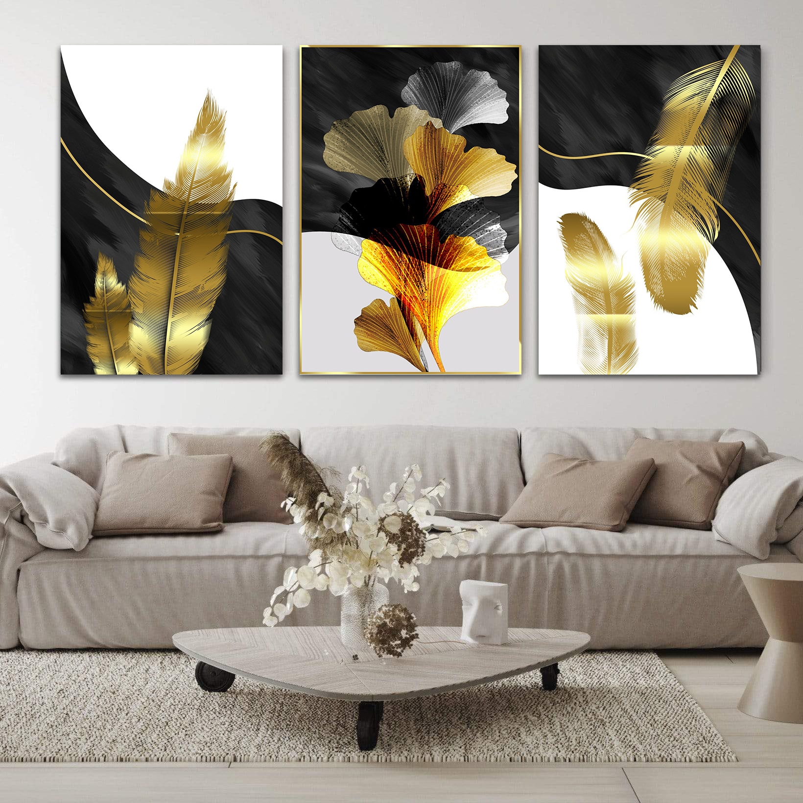 Set Tablouri Multicanvas 3 piese, Golden Feathers, 50x90cm - eMAG.ro
