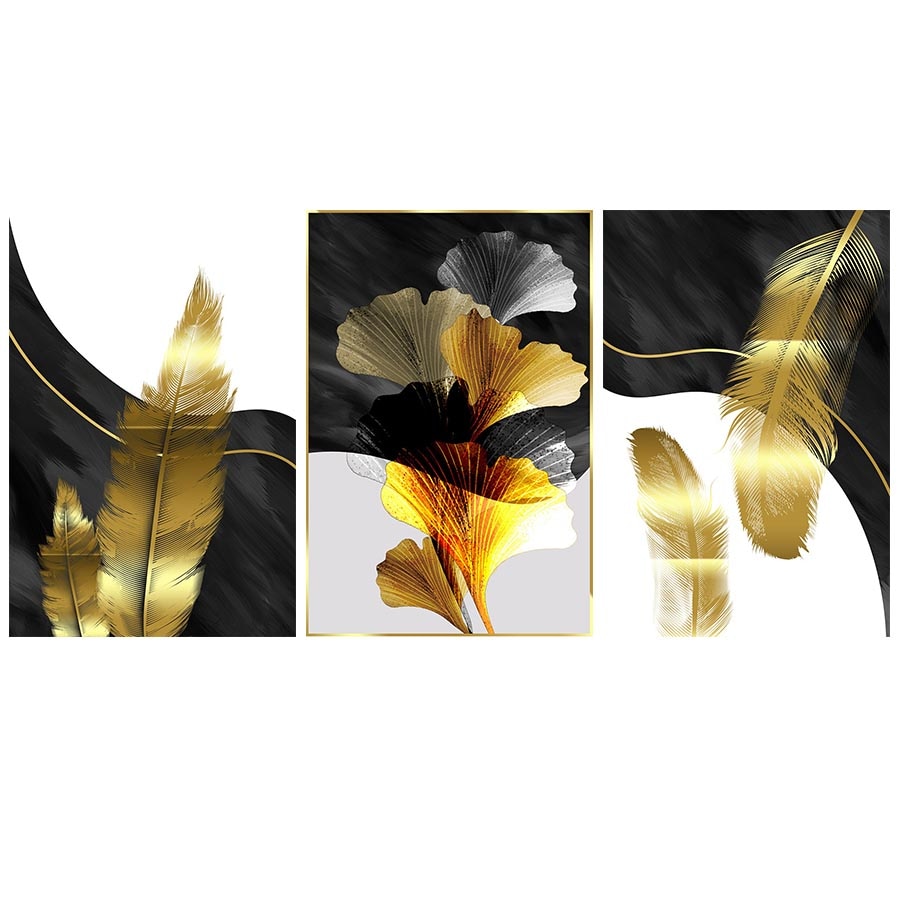 Set Tablouri Multicanvas 3 piese, Golden Feathers, 50x90cm - eMAG.ro