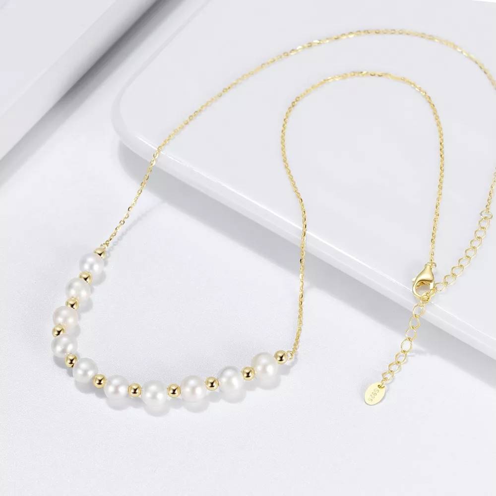 Colier din Argint cu Perle naturale, placat cu Aur, Chain Beads Pearl ...