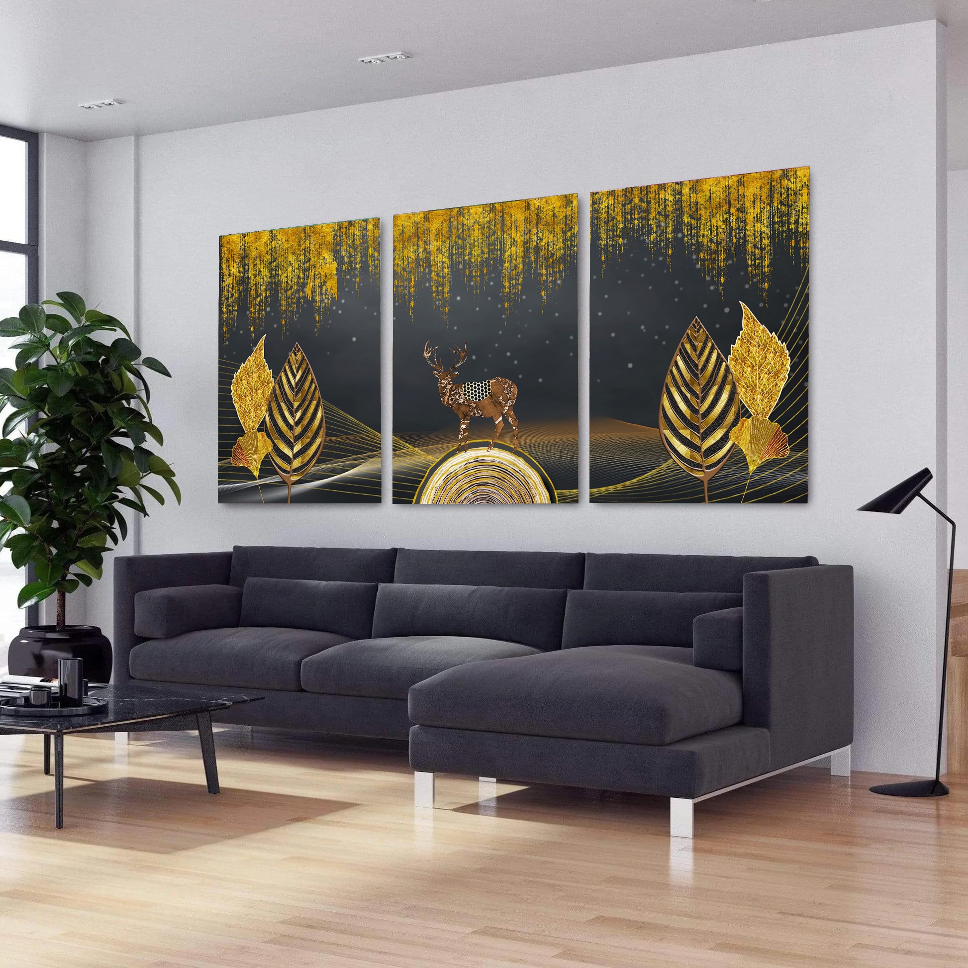 Set Tablouri Multicanvas 3 piese, Golden Deer, 30x60cm - eMAG.ro