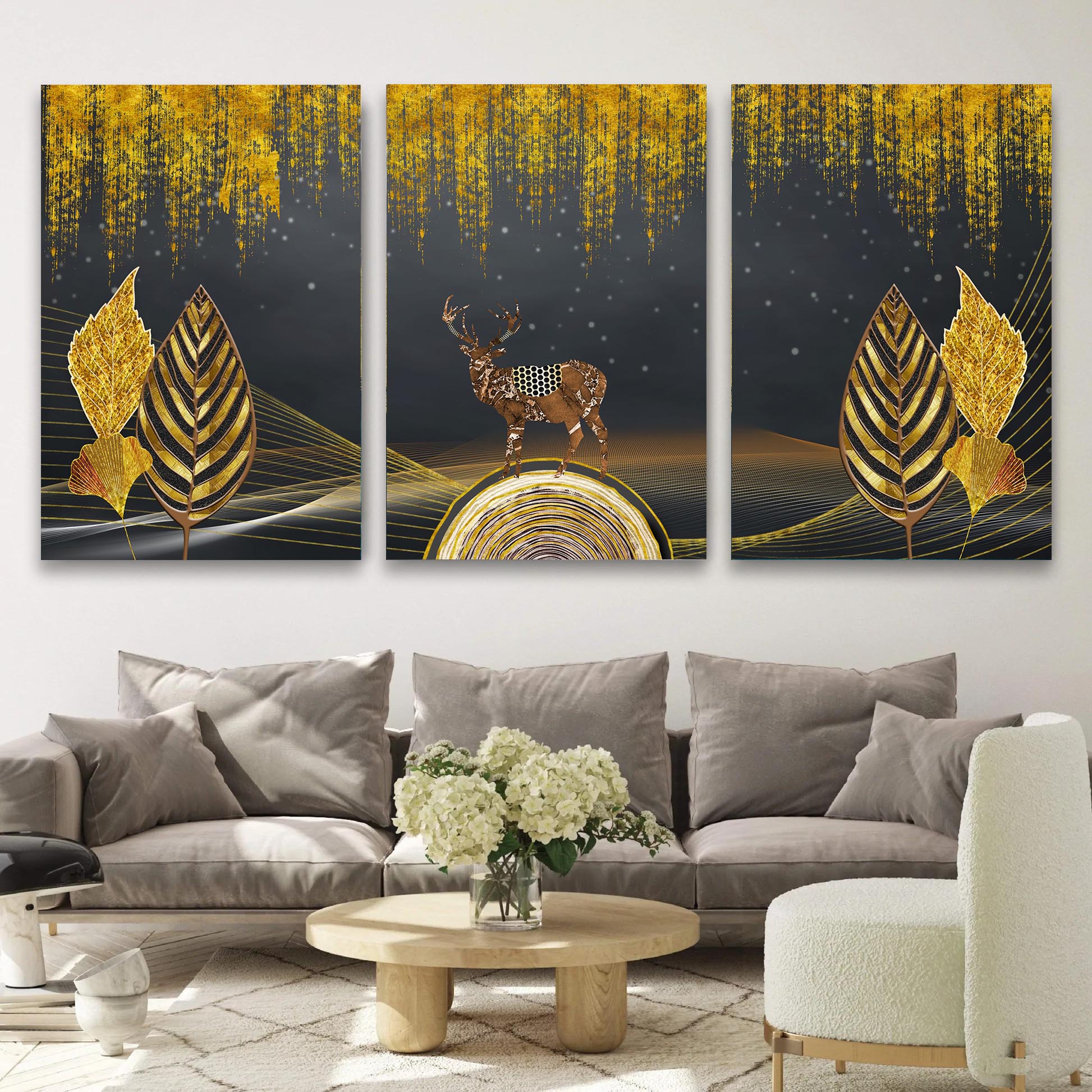 Set Tablouri Multicanvas 3 piese, Golden Deer, 30x60cm - eMAG.ro
