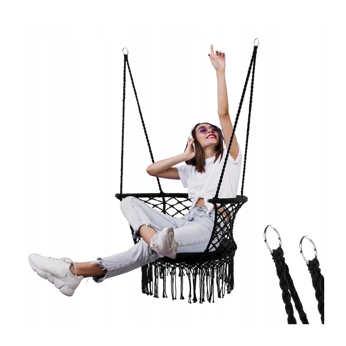 Scaun rotund tip leagan suspendat pentru casa sau gradina, cu franjuri ...