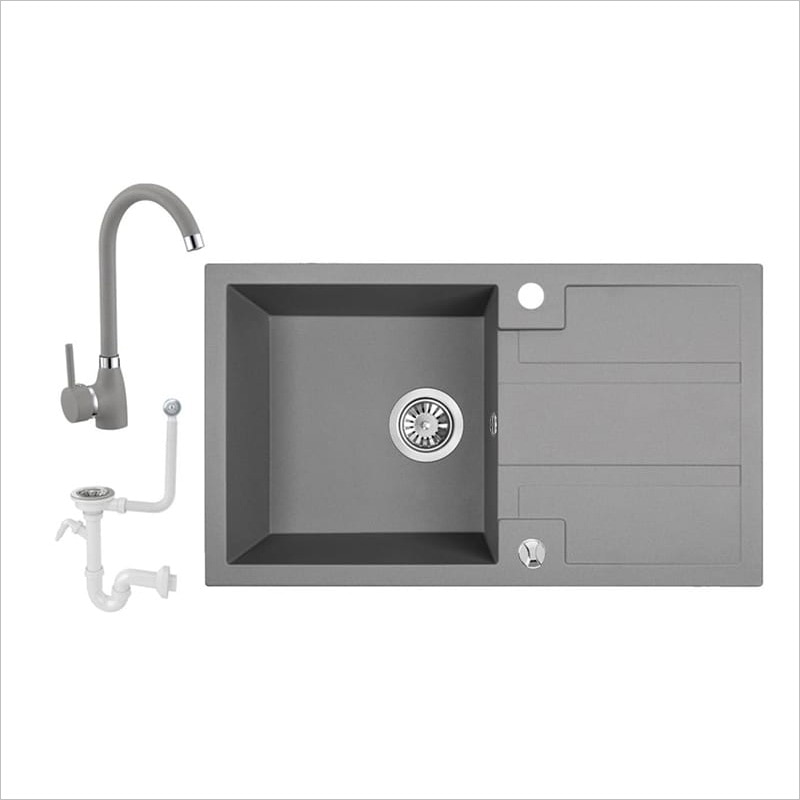Set Chiuveta de Bucatarie din Granit, 1 cuva, baterie si sifon, Gri ...
