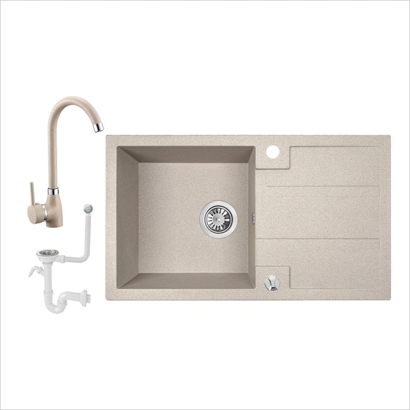 Set Chiuveta de Bucatarie din Granit, 1 cuva, baterie si sifon, Bej ...