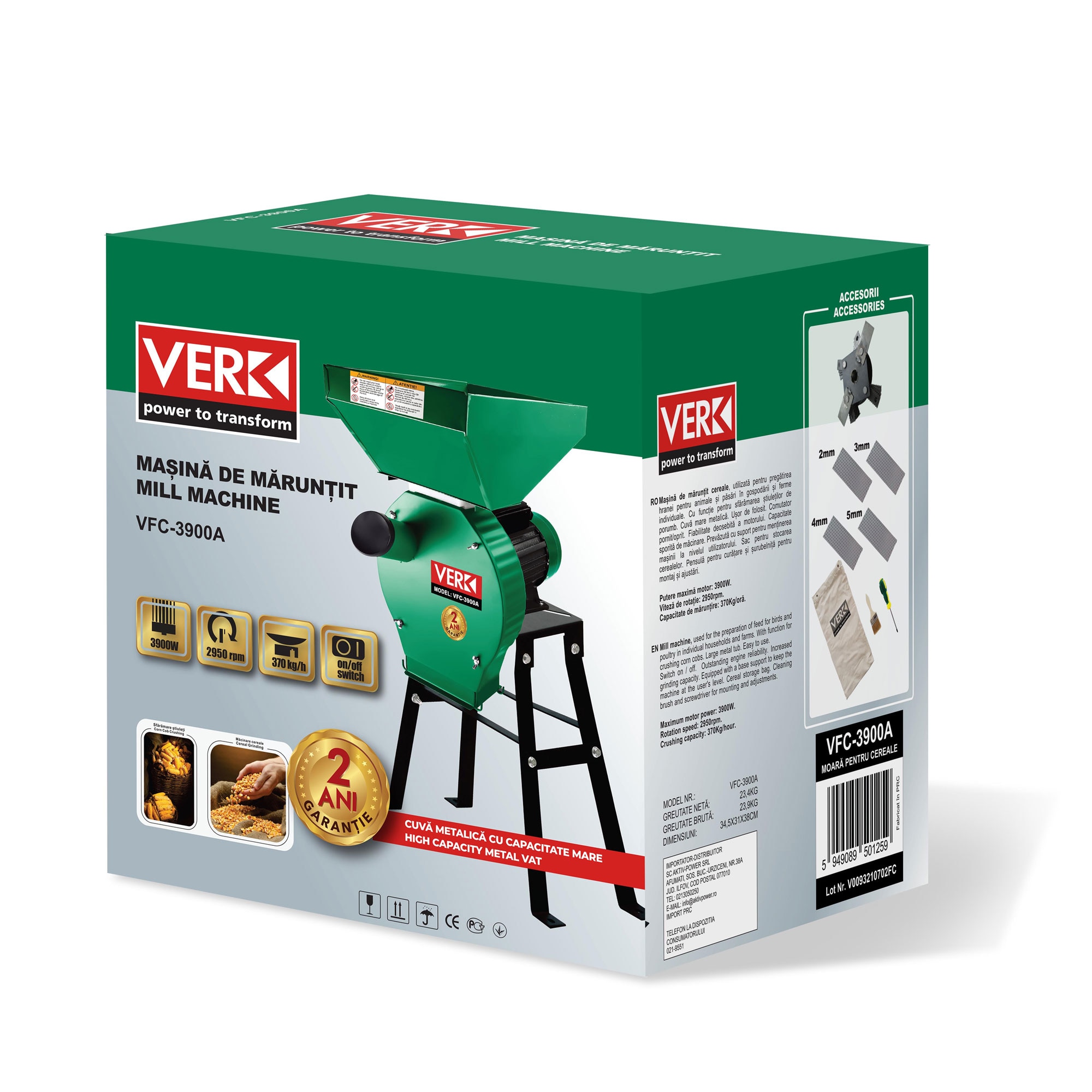 Moara electrica cereale cu suport metalic Verk VFC-3900A, 3900 W, 2950 rpm, capacitate maruntire ...