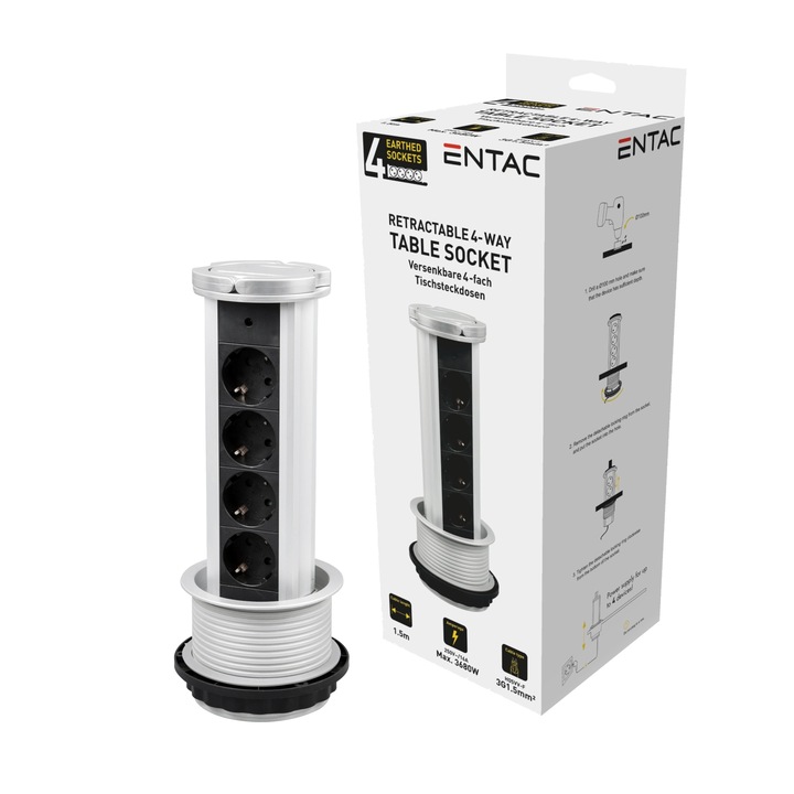 Prelungitor Entac retractabil, priza verticala, 4 prize, 1,5m, 3G1.5 ...