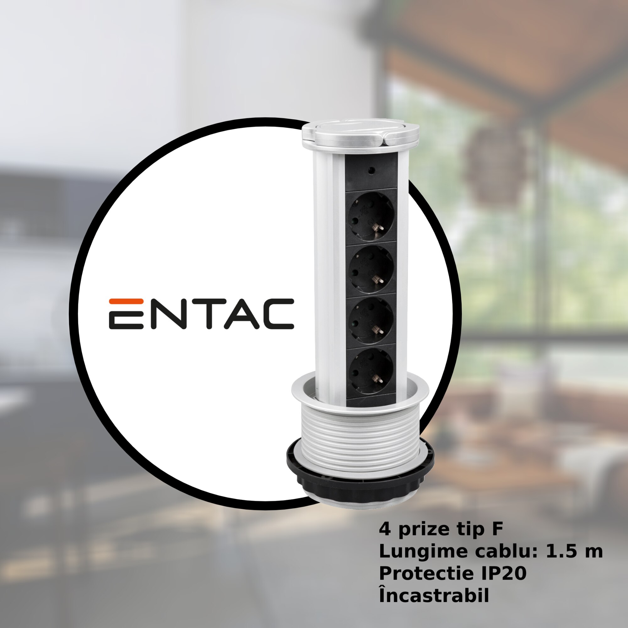 Prelungitor Entac retractabil, priza verticala, 4 prize, 1,5m, 3G1.5 ...