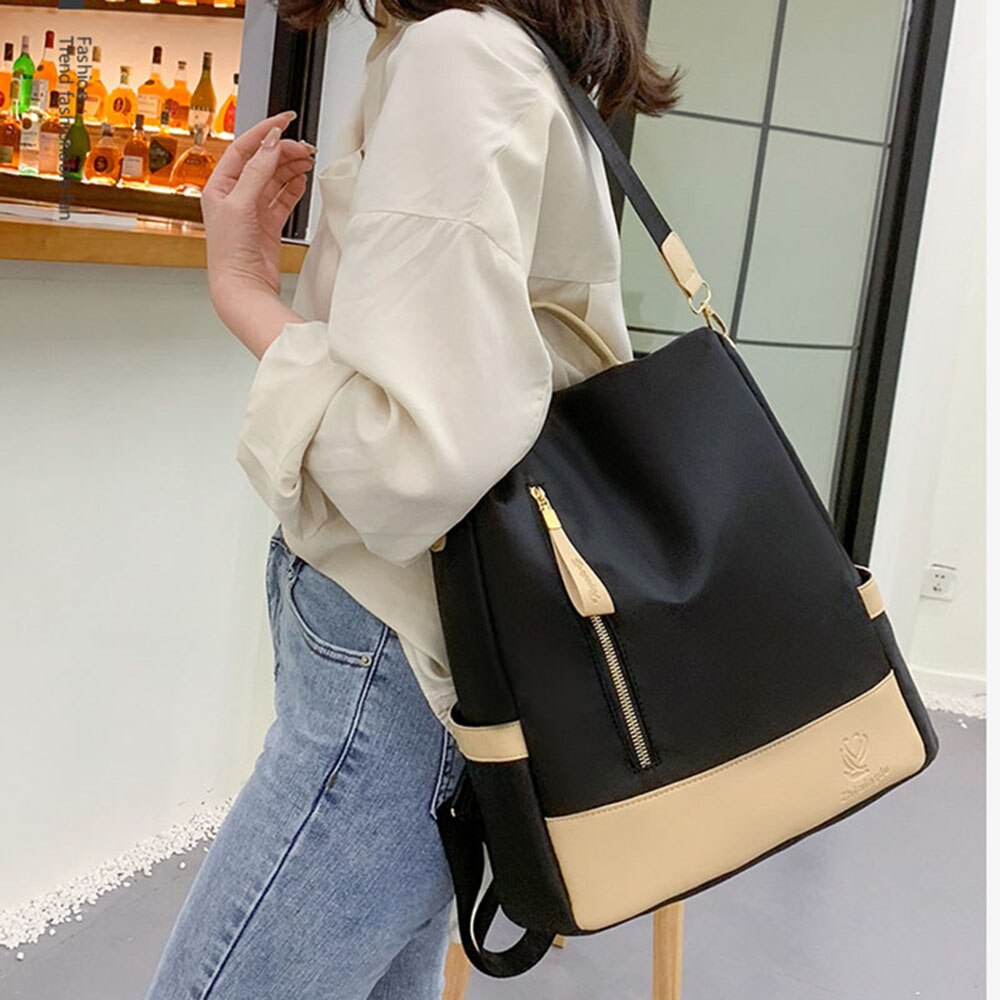 Geanta tip rucsac pentru femei, Nylon, 31x16x30 cm, Negru/Crem - eMAG.ro