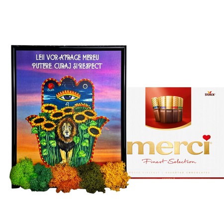 Set cadou, tablou cu licheni zodia Leu si cutie bomboane Merci - eMAG.ro