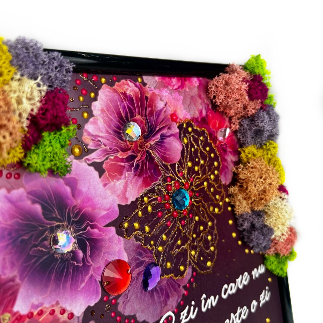 Tablou cu licheni stabilizati, dimensiune 20 x 25, model cu citat ...