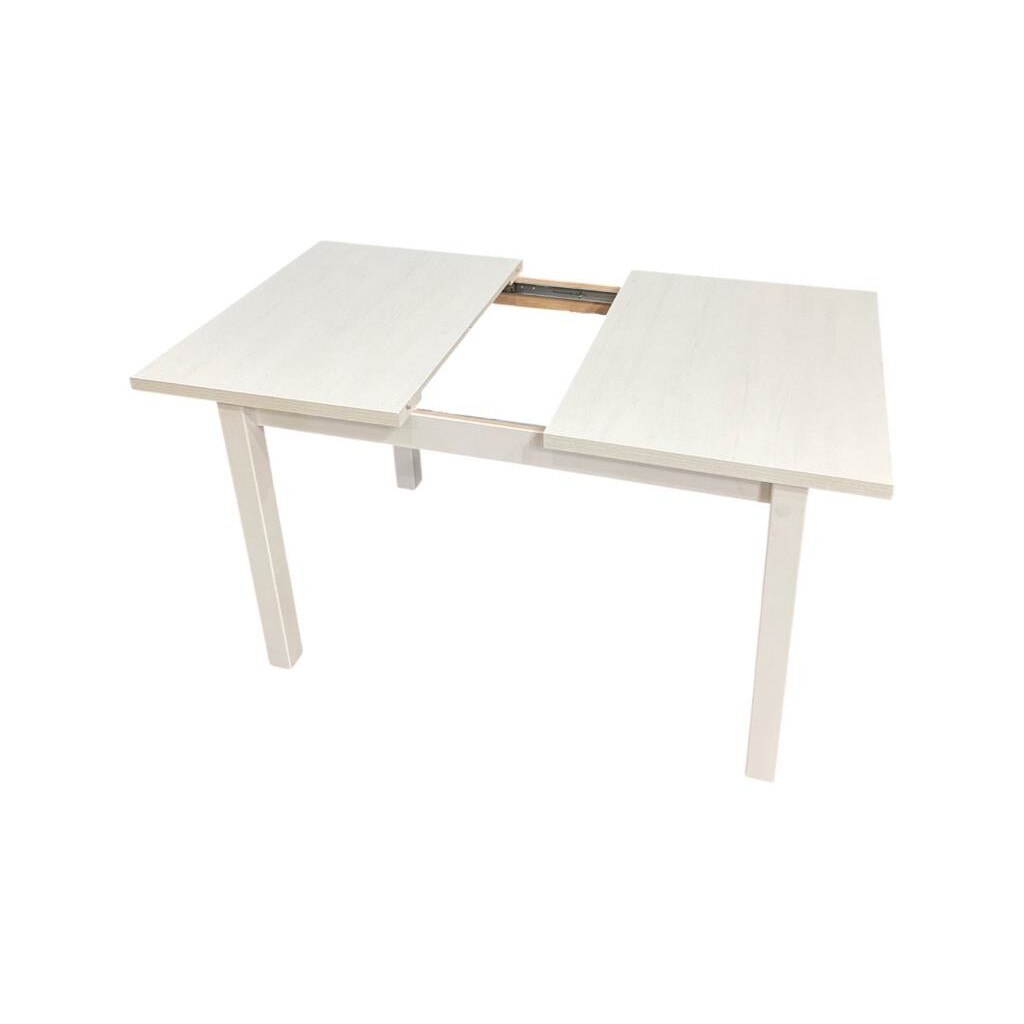 Masa Max 5, 1 extensie, blat alb laminat, cadru alb, picioare lemn albe ...