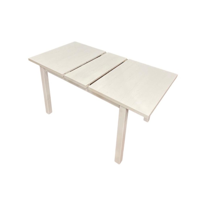Masa Max 5, 1 extensie, blat alb laminat, cadru alb, picioare lemn albe ...