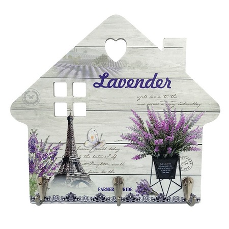 Suport din lemn pentru chei in forma de casa cu lavanda si trei ...