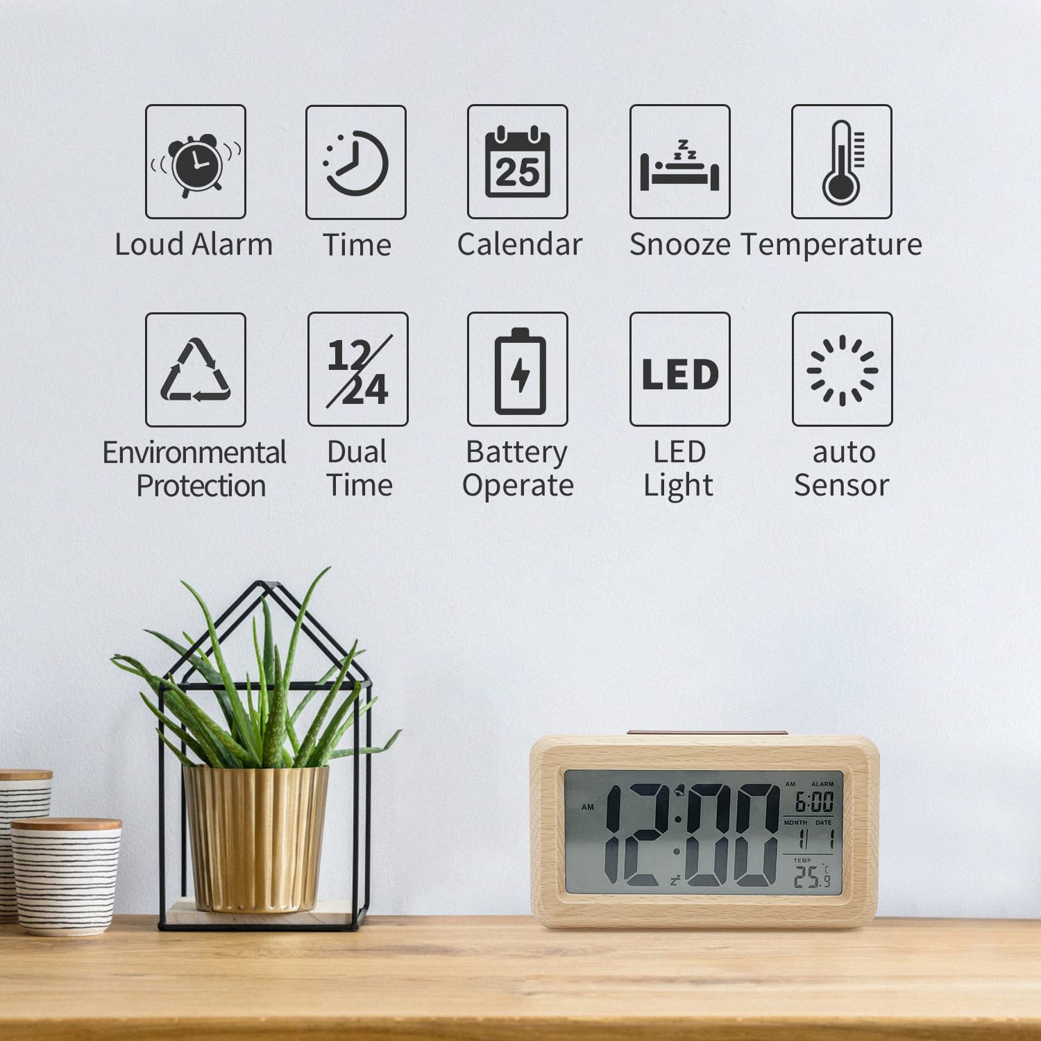 Ceas decorativ WALALLA, Ecran LED, Functii de alarma/snooze/temperatura ...