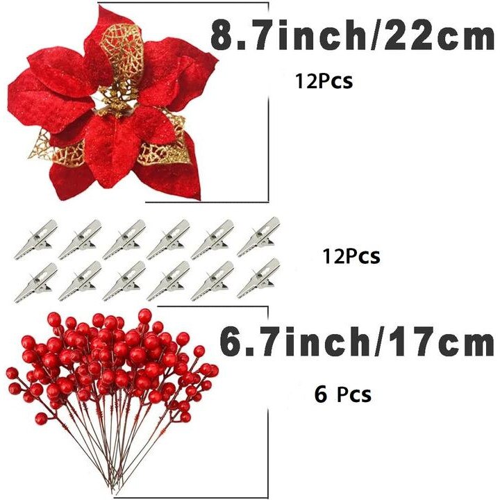 Set ornamente pentru pom Craciun, 30 buc, Matase/Plastic, 22 cm, Rosu ...