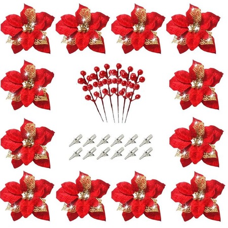 Set ornamente pentru pom Craciun, 30 buc, Matase/Plastic, 22 cm, Rosu ...