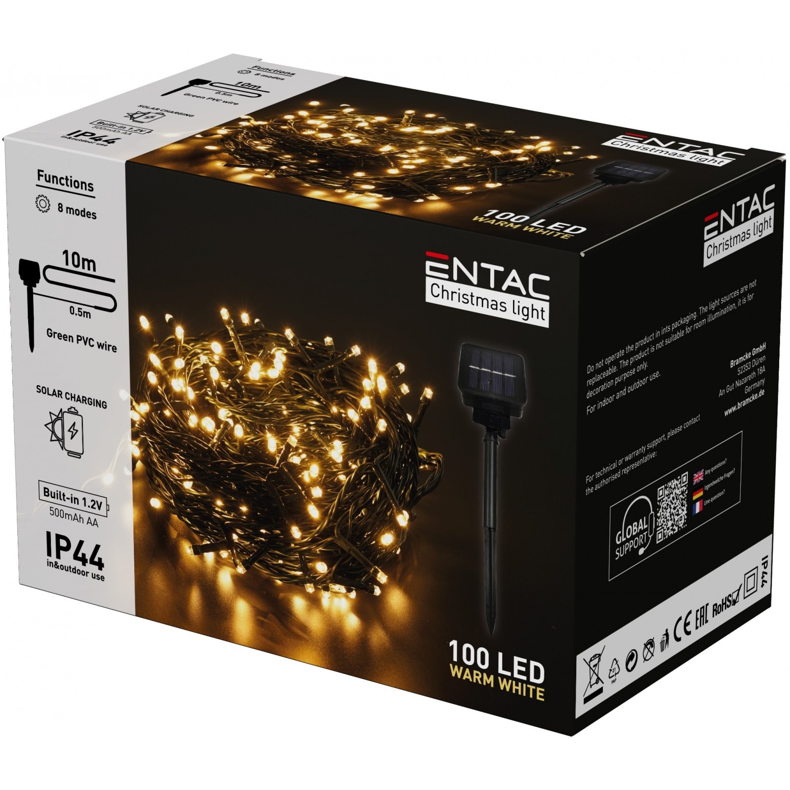 Entac ip44 100 led füzér ww 10m leszúrható napelemes konzollal - eMAG.hu