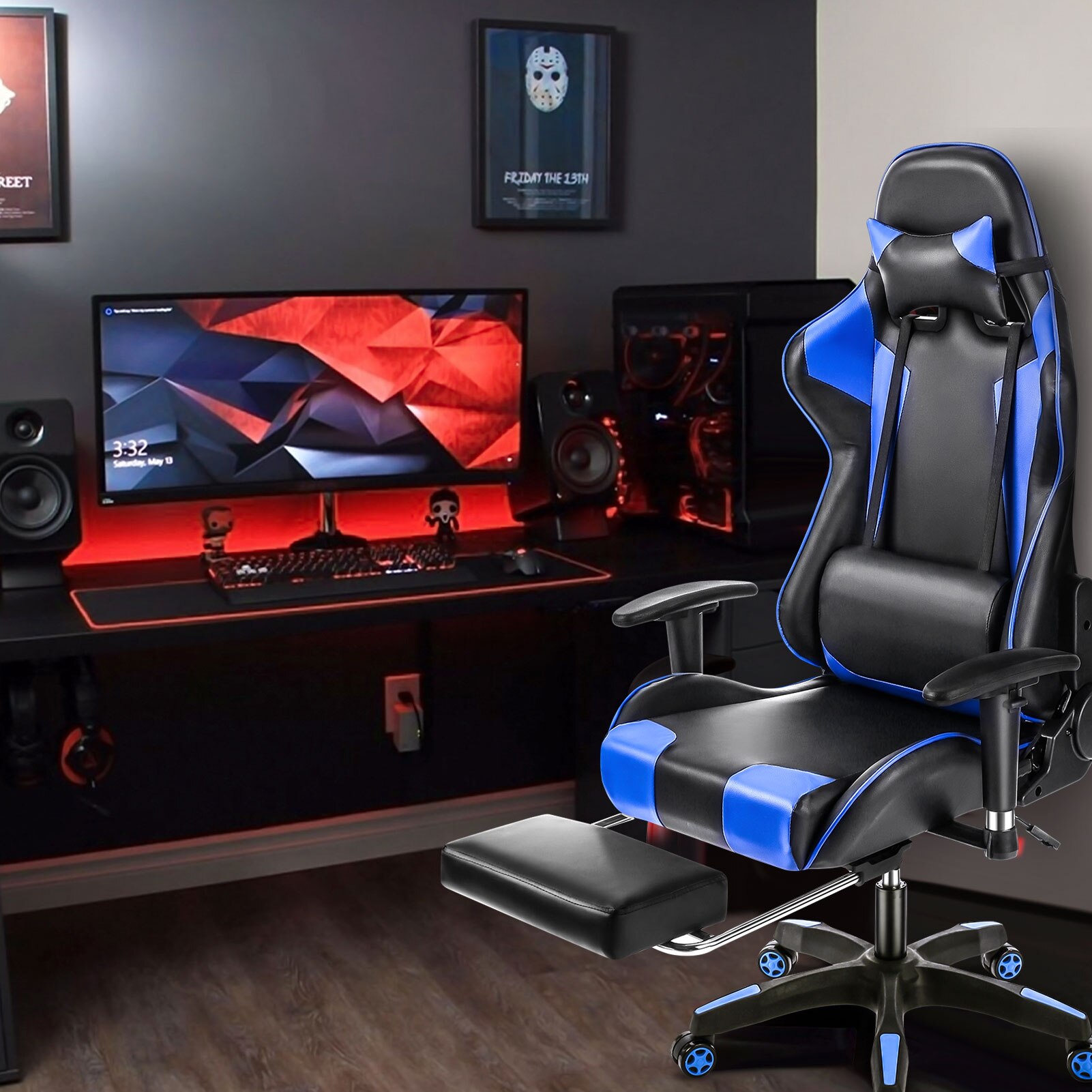 Scaun gaming LUCKZON, cu suport lombar si tetiera, cu suport picioare ...