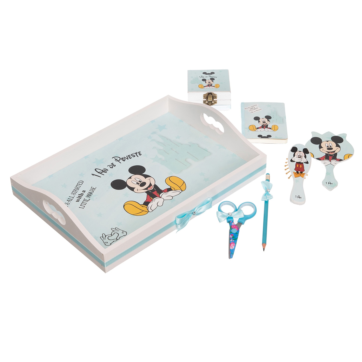 Tavita mot personalizata cu nume si data, Mickey Happy, bleu, 7 piese ...