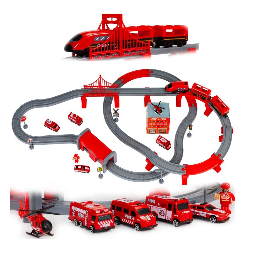 Set Tren interactiv cu Tematica Pompieri, Elicopter, Masinute, Figurina ...