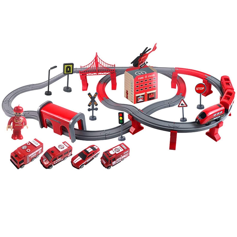 Set Tren interactiv cu Tematica Pompieri, Elicopter, Masinute, Figurina ...