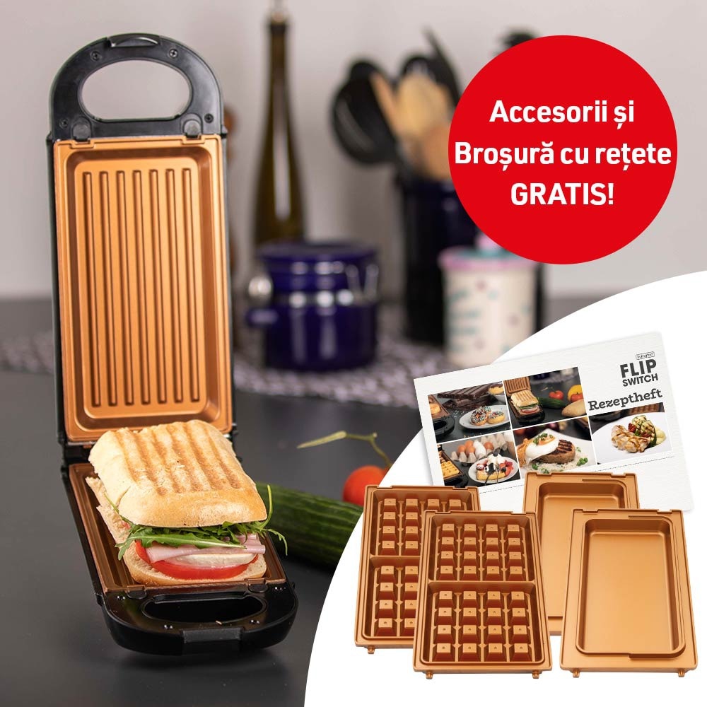 Gratar electric dublu multifunctional, 3 placi diferite, anti-aderente, temporizator termic ...