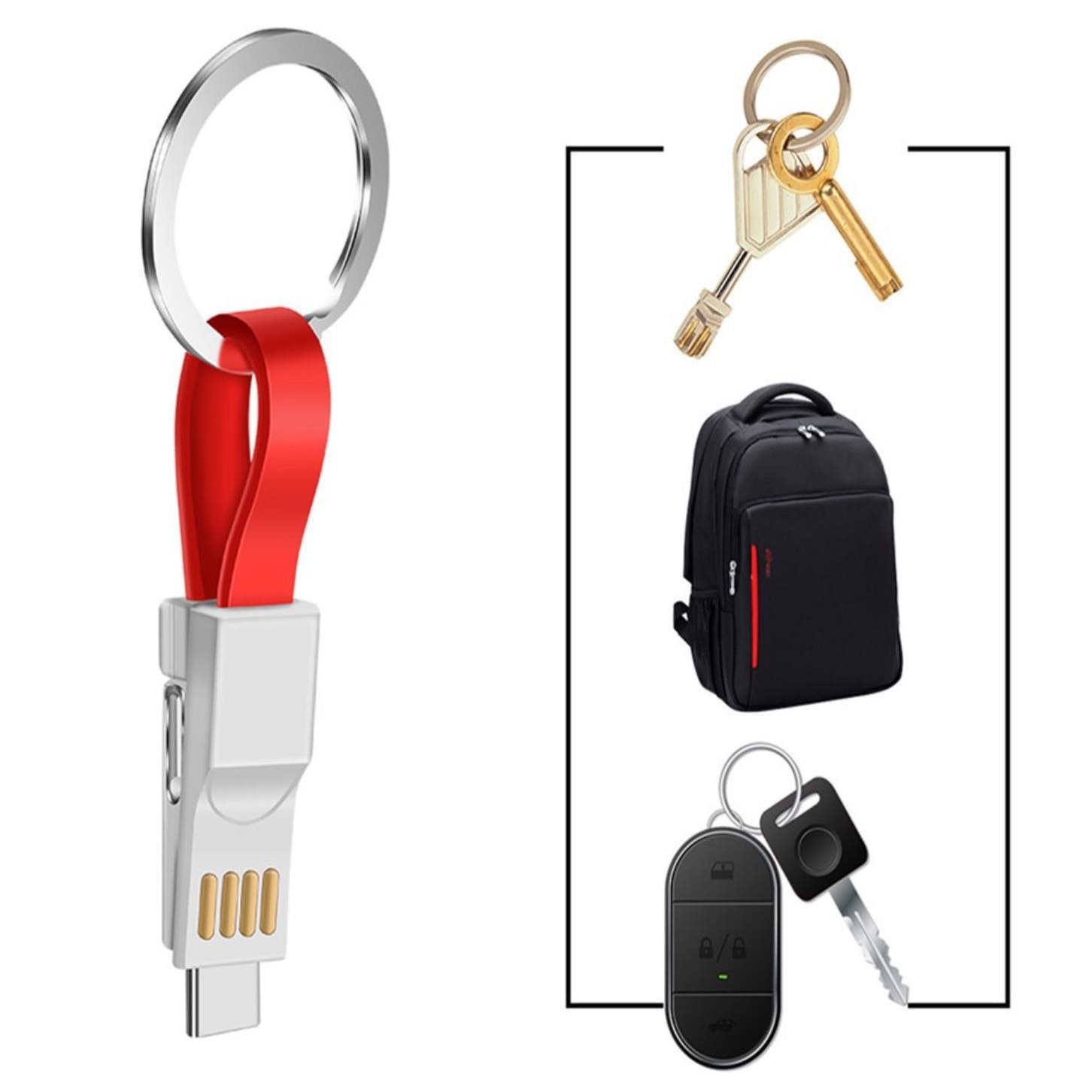 Adatkábel 3 az 1-ben, USB - Micro USB/Lightning/USB Type C, Kulcstartó ...