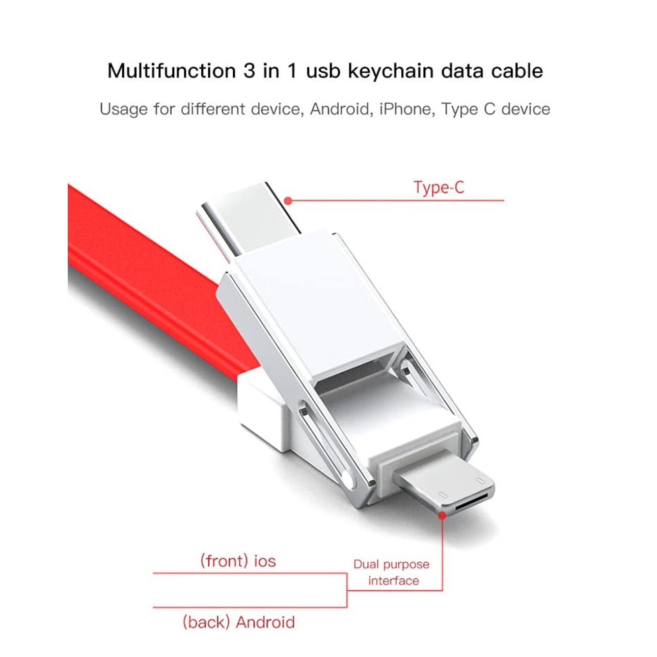 Adatkábel 3 az 1-ben, USB - Micro USB/Lightning/USB Type C, Kulcstartó ...