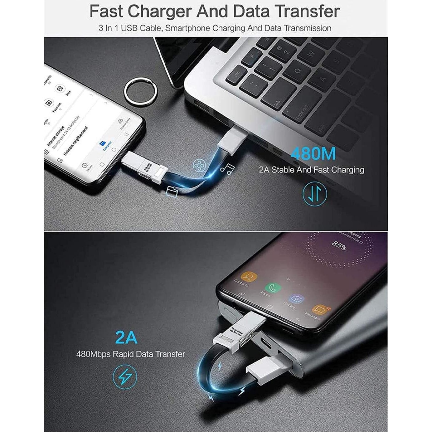 Cablu de date 3 in 1, USB - Micro USB/Lightning/USB Type C, Tip breloc ...