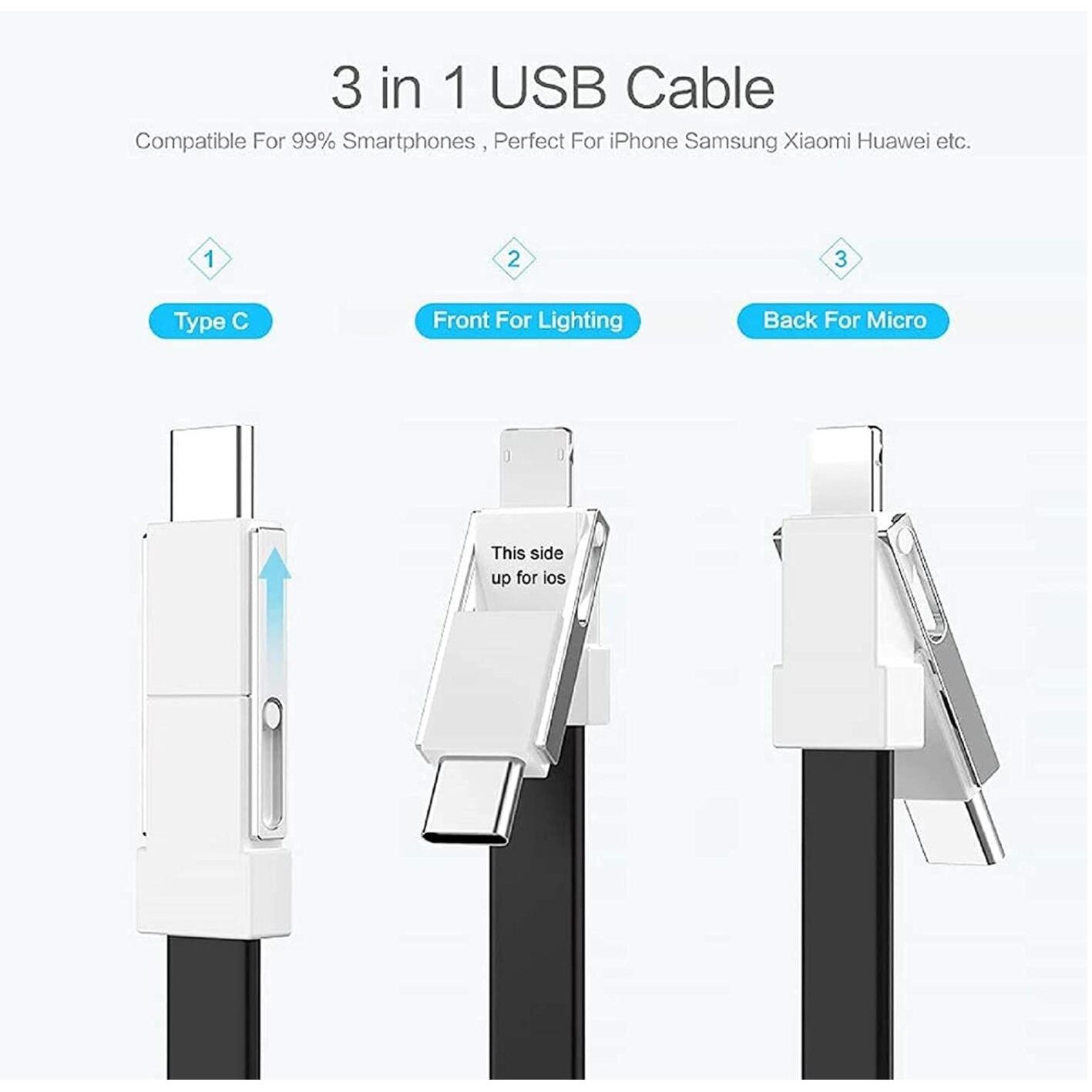 Cablu de date 3 in 1, USB - Micro USB/Lightning/USB Type C, Tip breloc ...